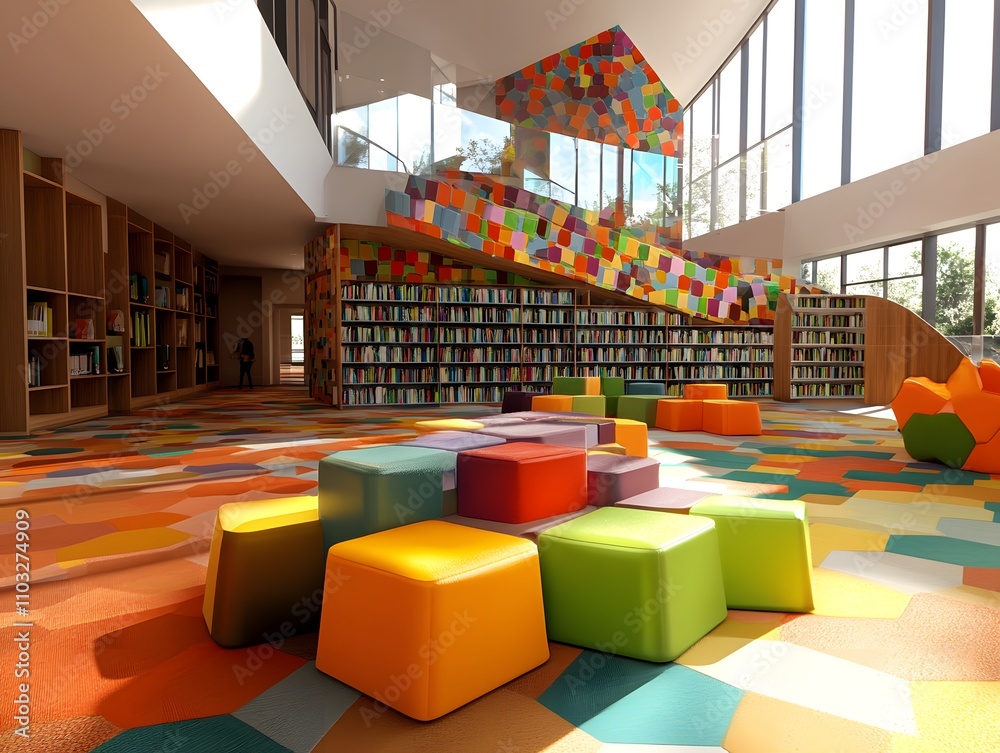 A vibrant, modern library space with colorful seating and bookshelves ...