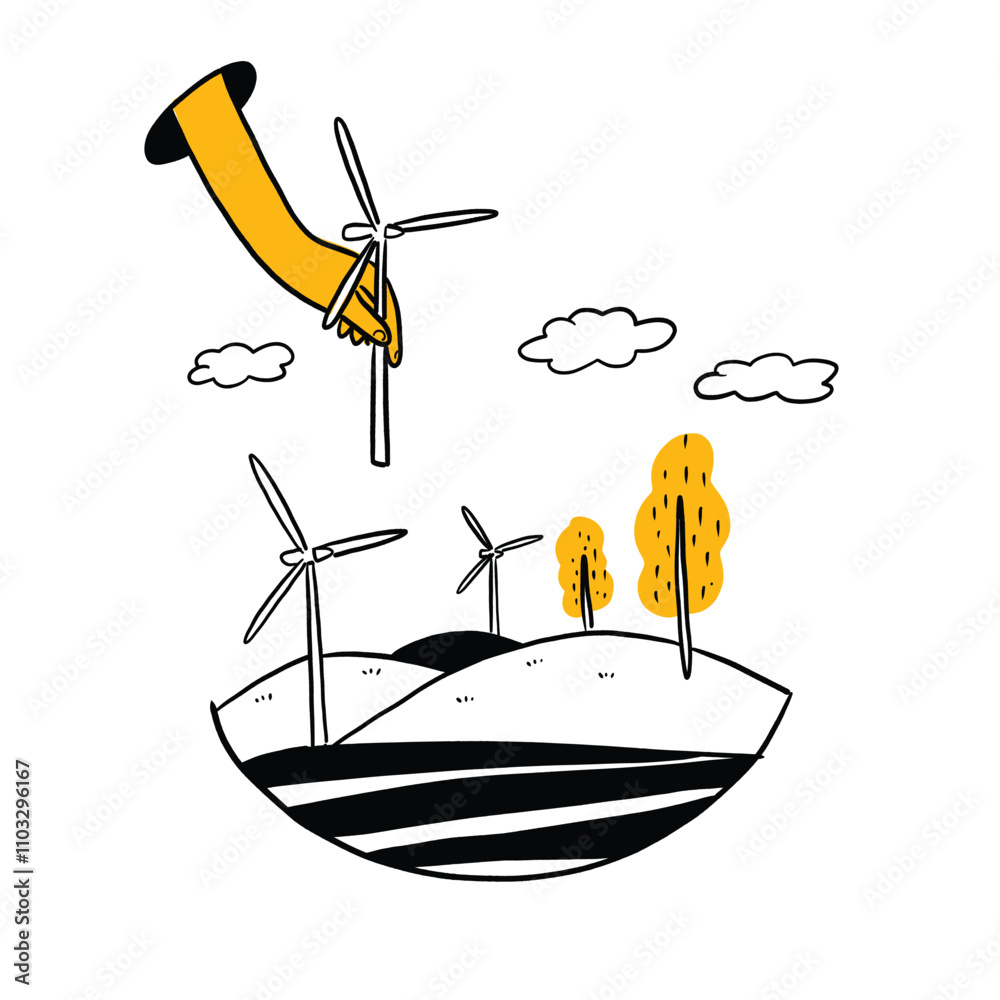 Poster Wind Power at Work: A hand plants a wind turbine in a field ...