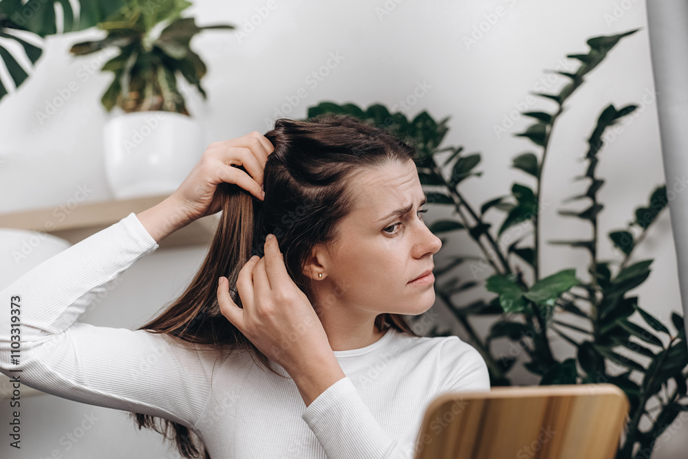 Portrait of sad young woman sit on sofa looking in mirror with scared ...