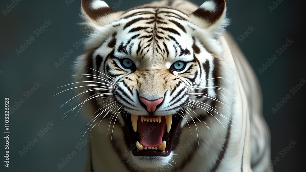 closeup portrait of the face of a snarling white tiger with blue eyes Stock Photo | Adobe Stock