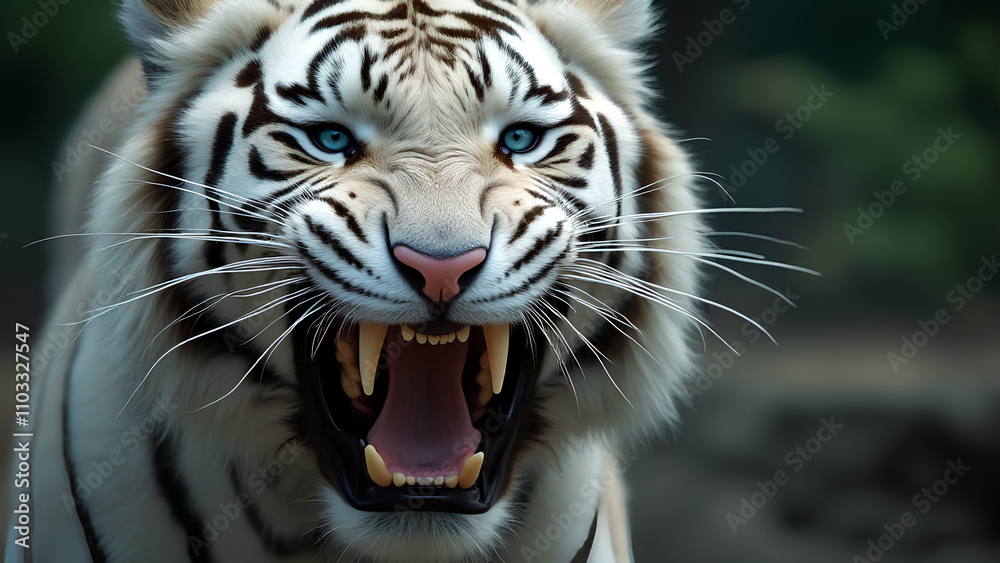 closeup portrait of the face of a snarling white tiger with blue eyes ...