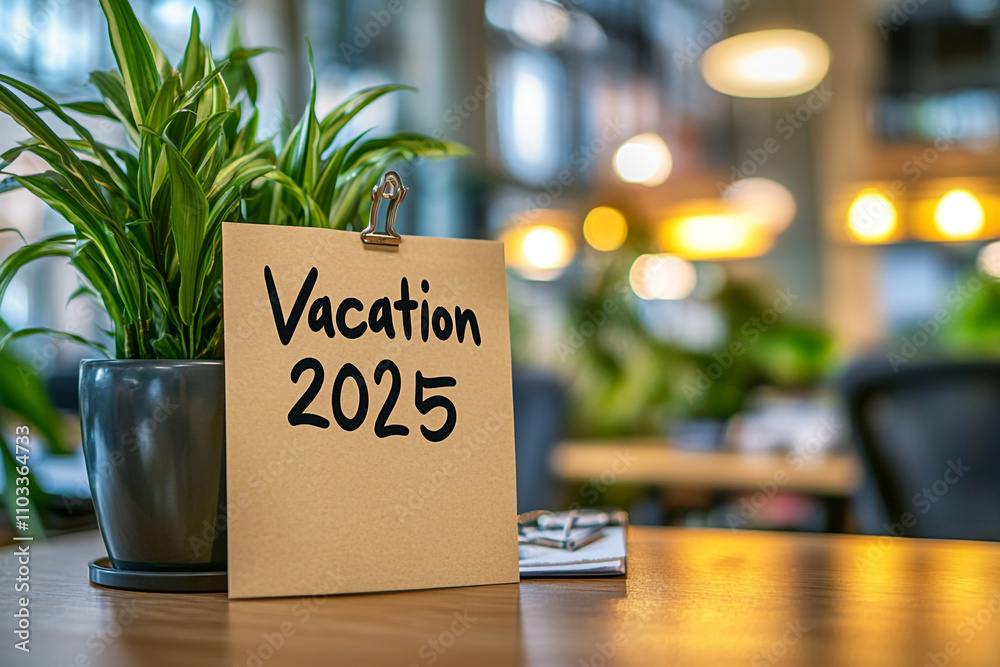 note: vacation 2025 on office desk and foam background. generative AI ...