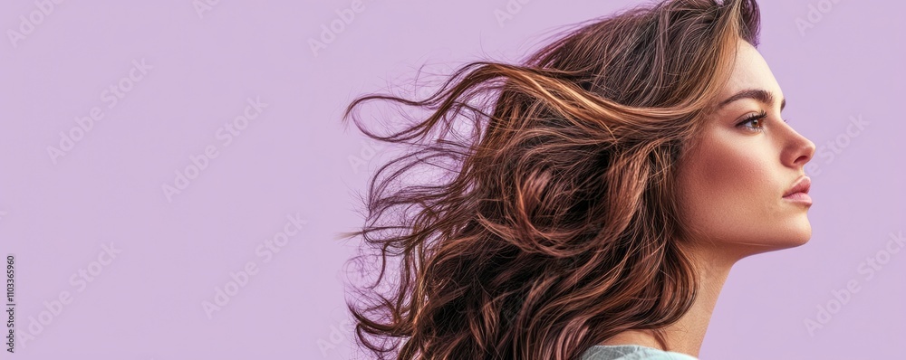 A woman showcases her wavy chestnut brown hair as it dances in the ...