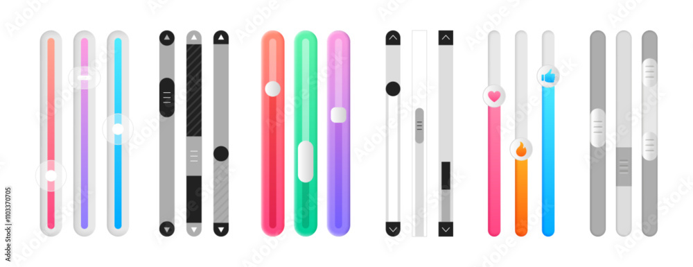 Vector set of scroll bars. Vertical colored sliders, scrollbars. Web design elements for website ...