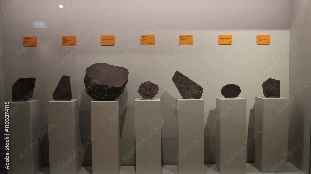 A collection of rocks and minerals displayed on pedestals with orange ...