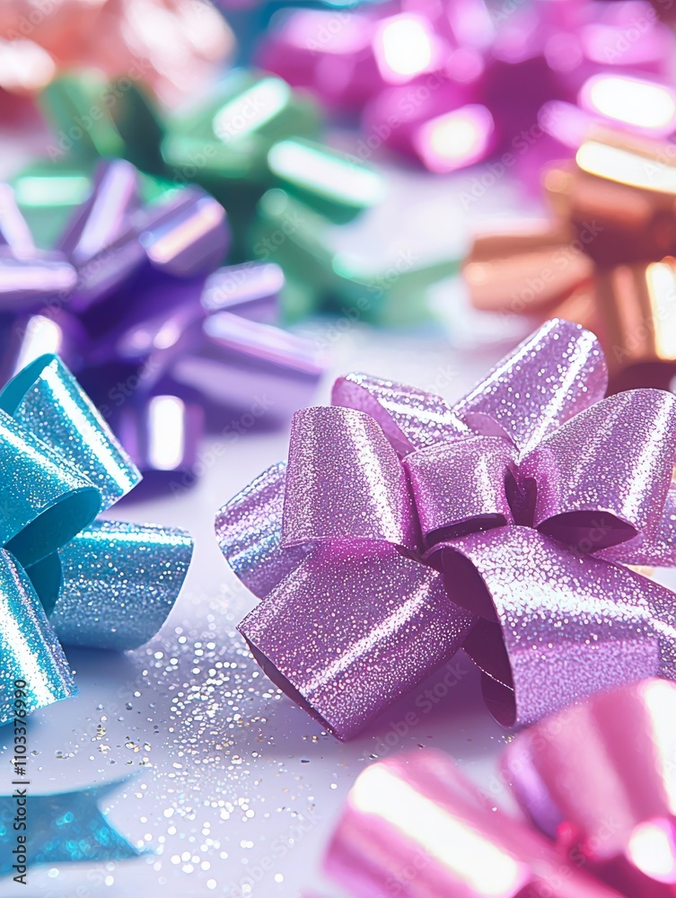 Bows of all shapes and sizes in a messy pile with curly ribbons on a ...