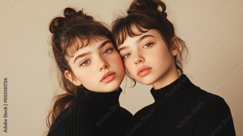 Twin sisters in matching tan tops pose for a close-up portrait. Stock ...
