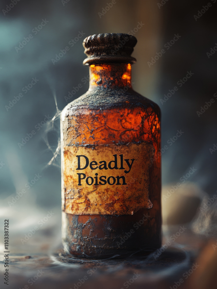 Vintage bottle labeled 'Deadly Poison' with eerie ambiance. Stock Photo ...