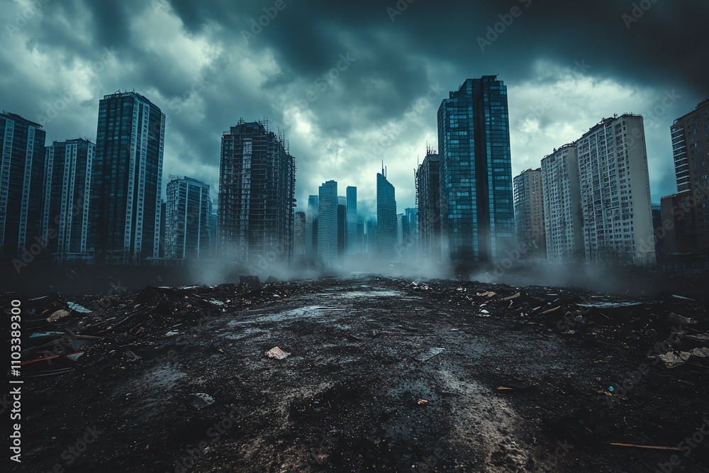 Apocalyptic cityscape shrouded in fog and debris. Dark, ominous, and ...