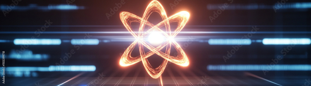 glowing atom symbol with vibrant orange and blue hues represents energy and innovation, set ...