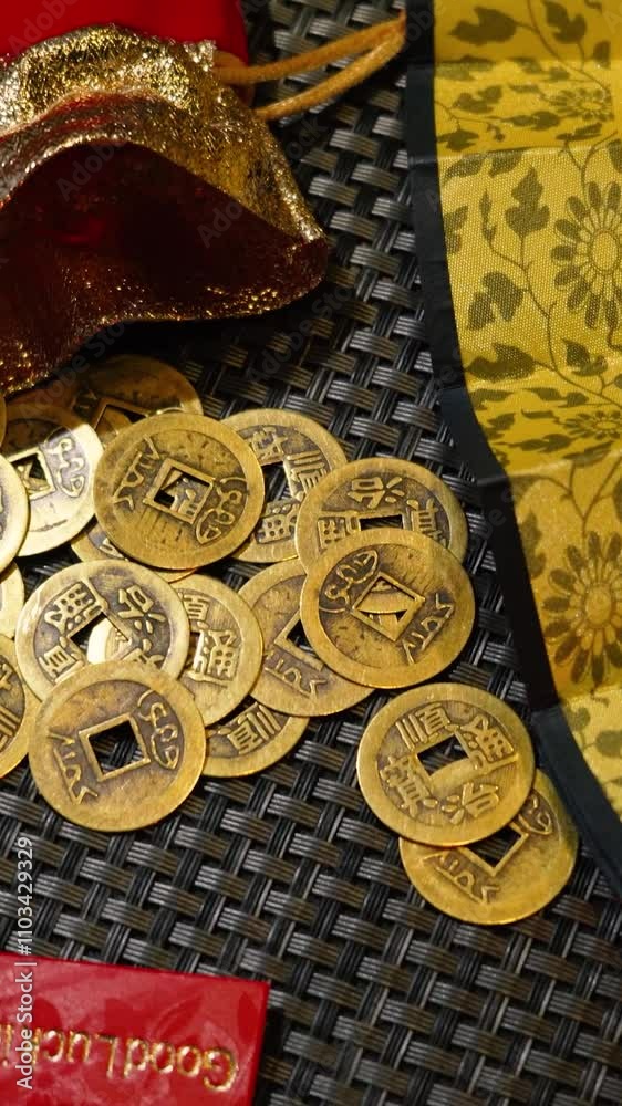 East Asian culture and finance of ancient China. Gold coins on the table with hieroglyphs and ...