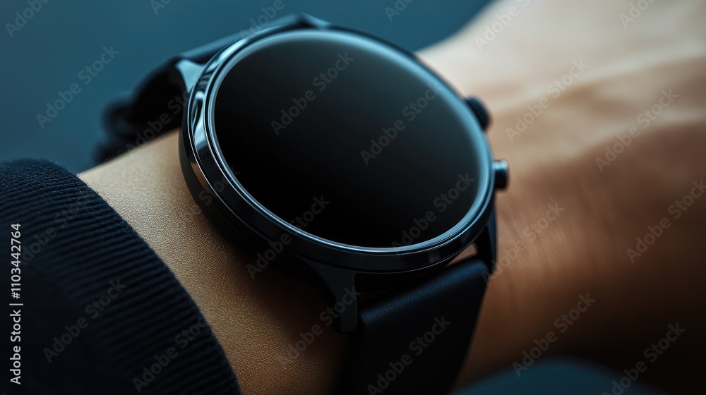 round smartwatch displayed on a wrist, with an empty black screen ready ...
