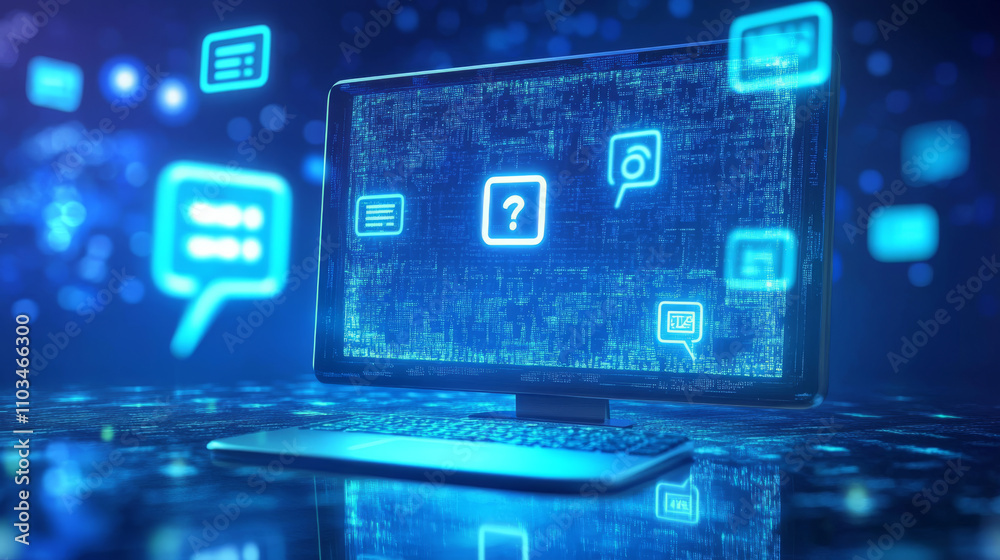 Chatbot abstract logo on a computer monitor screen and speech bubbles ...