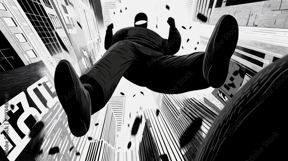 Dynamic black and white illustration of a person falling through a ...
