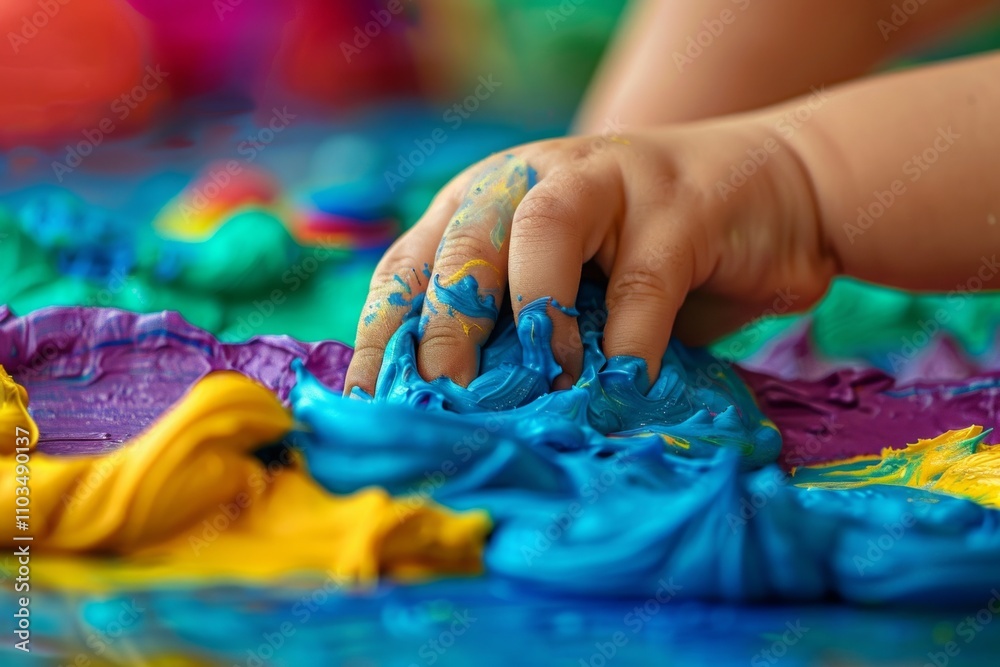 Foto de Child's hand exploring colorful paint during messy sensory play ...