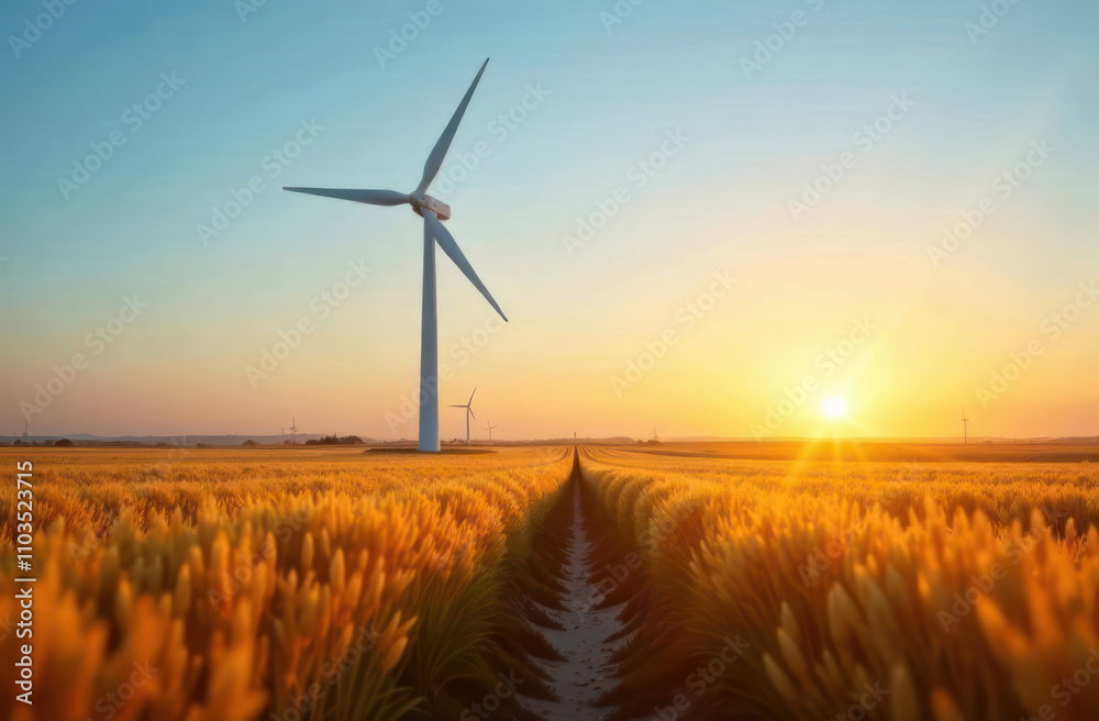 wind turbine in golden field at sunrise. renewable energy, climate ...