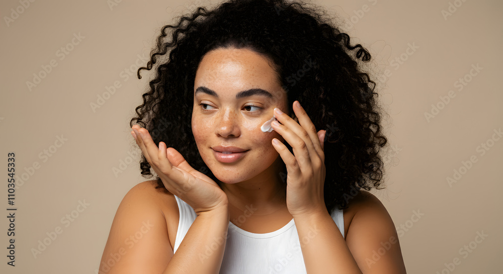 Biracial young plus-size female model applying cream on her skin, set ...