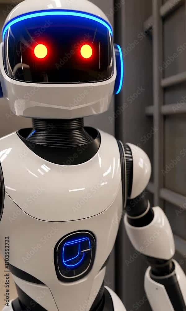 A cutting-edge robot with glowing red eyes stands in a futuristic ...