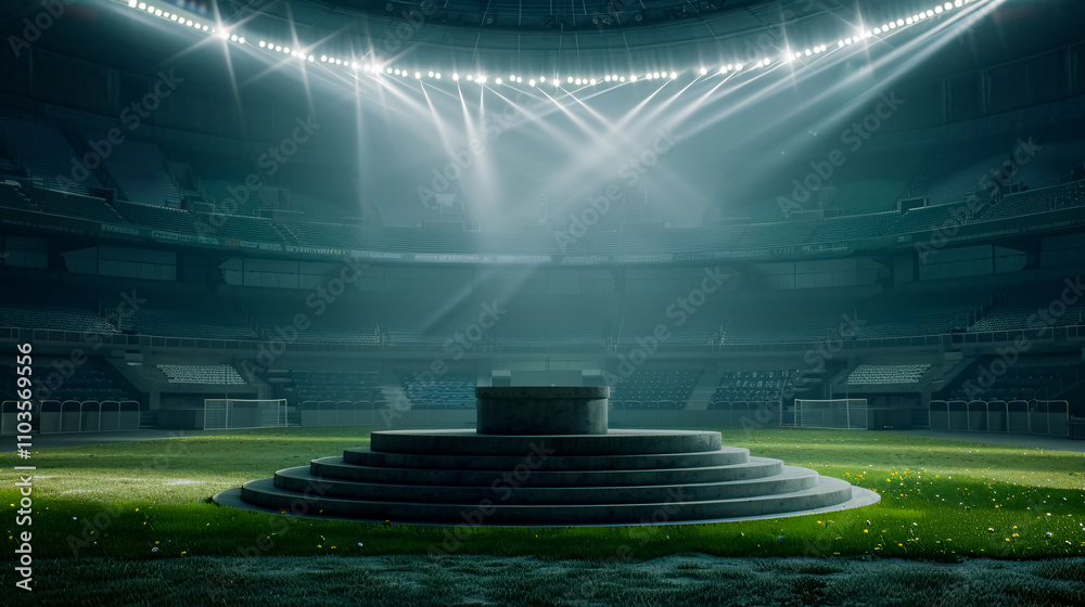 Podium in the center of a stadium, surrounded by empty seats and light ...