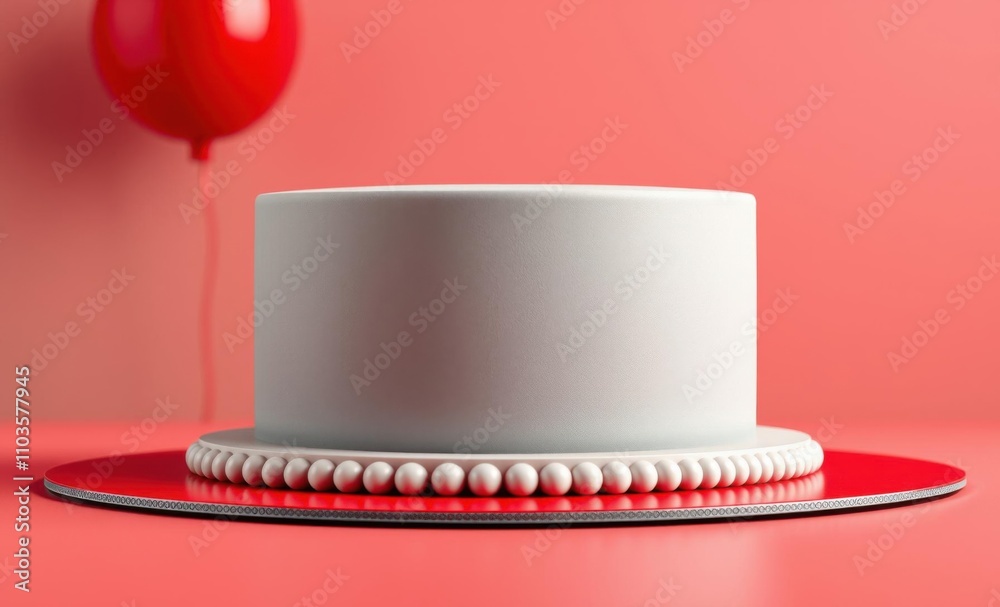 Minimalist cake with a soft gray matte finish isolated on a bright red ...