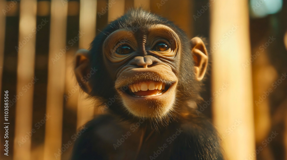 Portrait of a cute monkey with fluffy fur, expressive eyes, and funny ...