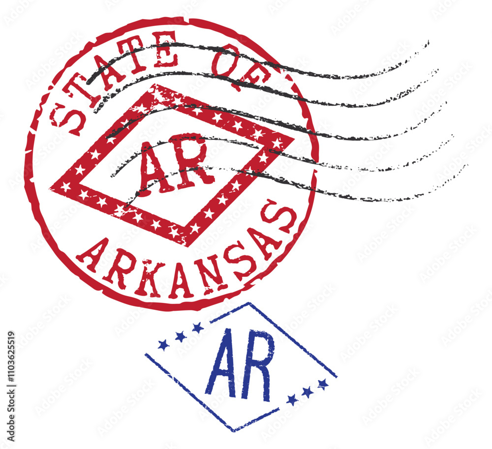 Postal rubber stamps STATE OF ARKANSAS and AR zip code abbreviation ...