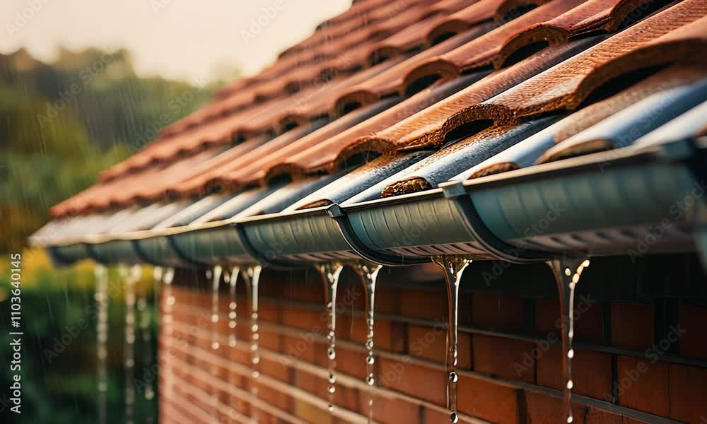 A drainpipe collects dripping rain. Rain falls into a gutter on a tiled ...