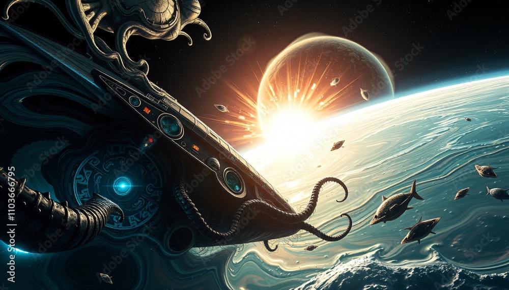 A close-up view of an alien spacecraft with intricate organic designs ...