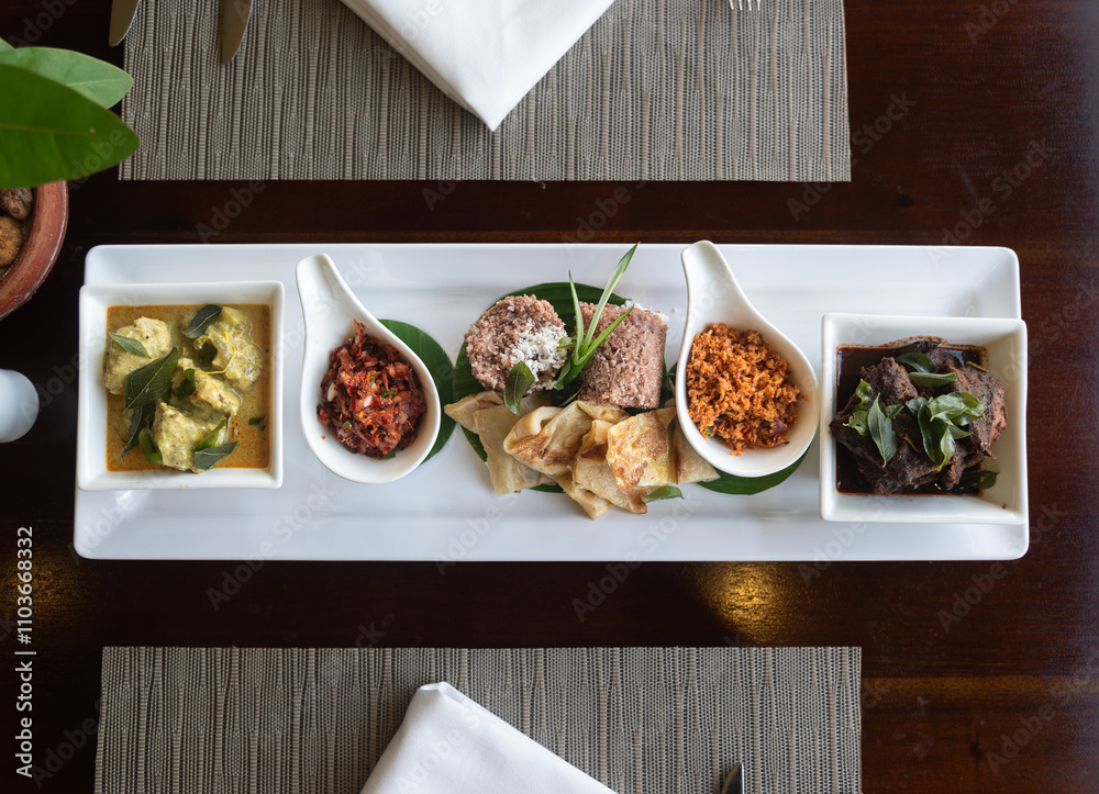 Top view of a Sri Lankan breakfast platter with pittu, parata, pol ...