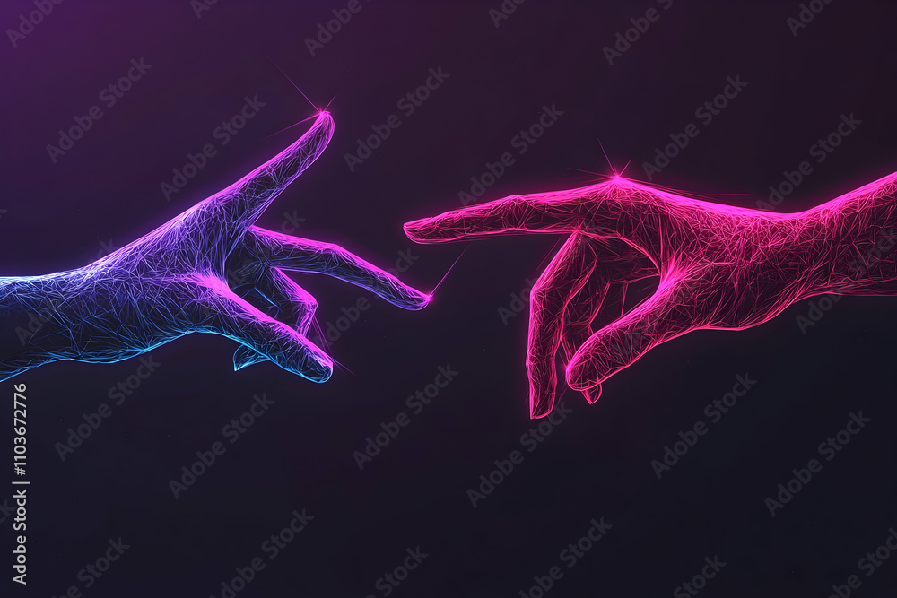 Two hands reaching towards each other, one pointing to the left and ...