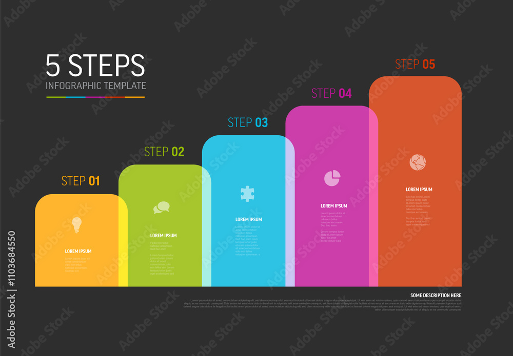 Color five block steps on dark background infographic template with ...