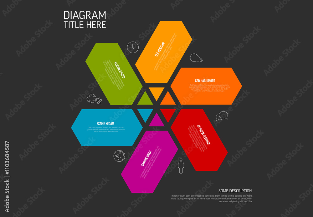 Flower shape infographic template made from six content hexagons on ...