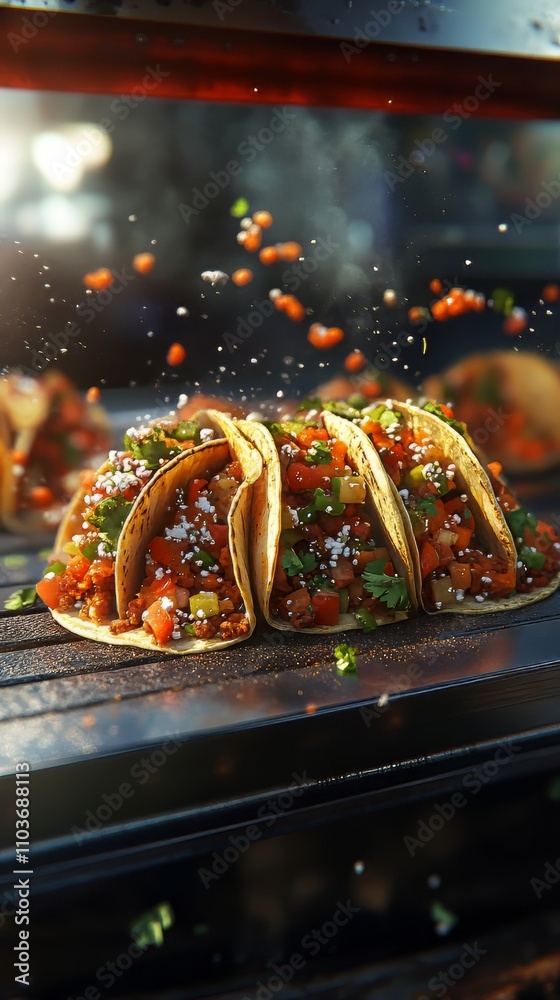 Candid shot of tacos being made in a foodtruck. Mexican Food. Ultra ...
