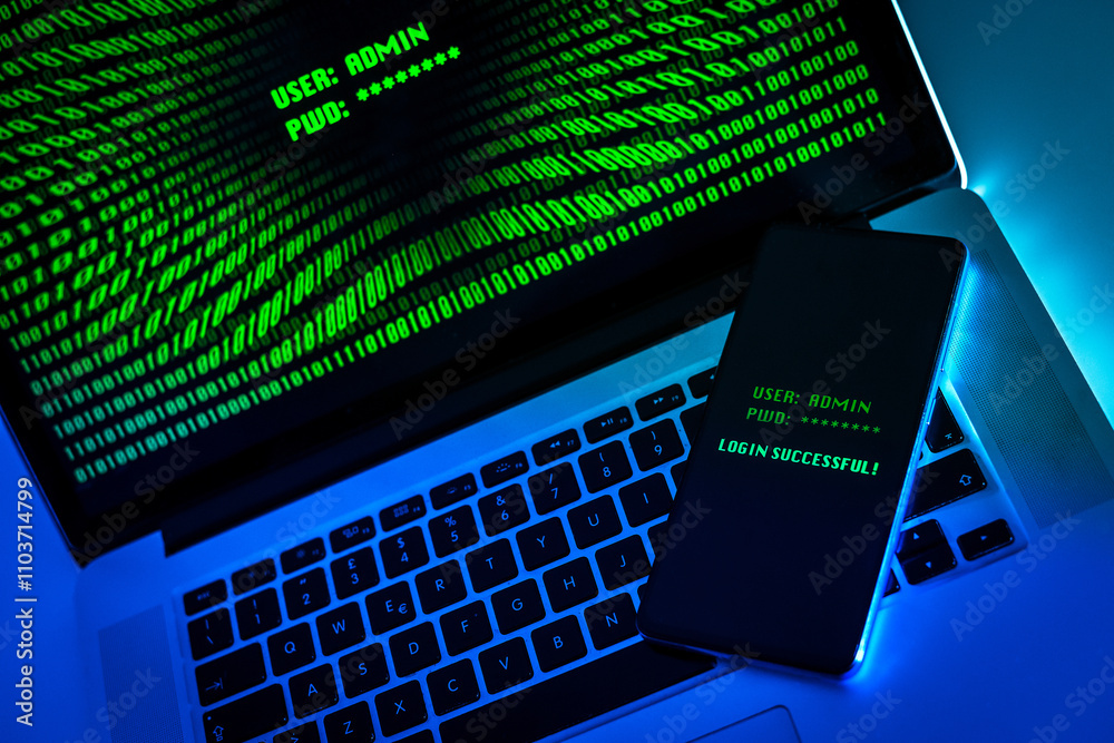 Laptop with green numbers on display. Smartphone displaying successful ...