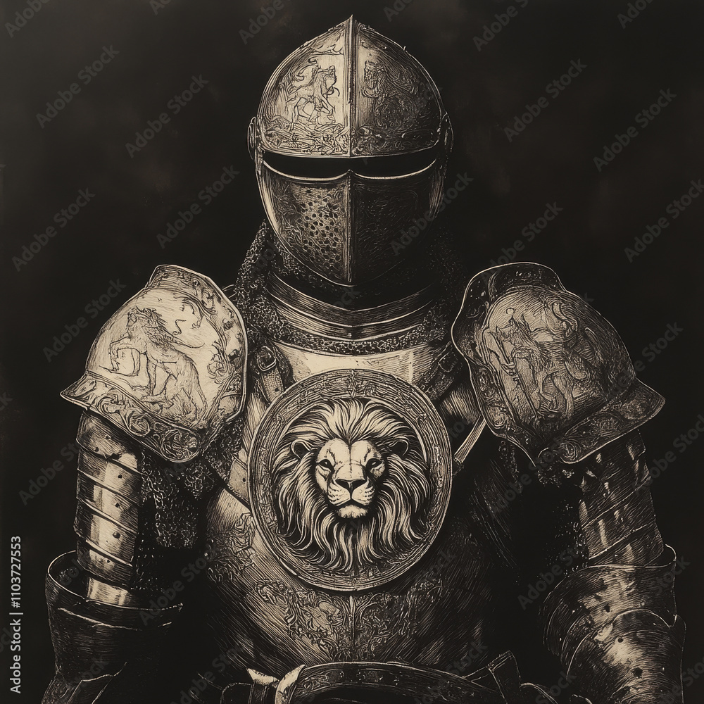 A medieval knight in full plate armor, with bold lion emblems etched ...