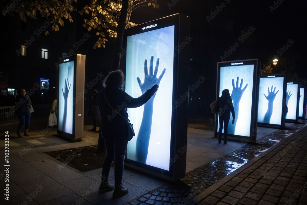 People engage with illuminated installations on a city street ...