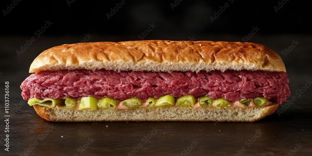 Dry sandwich featuring corned beef complemented by frozen leeks. Enjoy ...