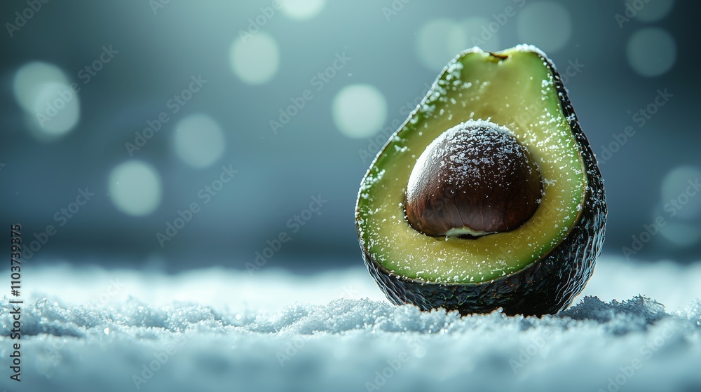 Frosty Avocado Halves Resting on Snowy Surface with a Soft Glow and ...