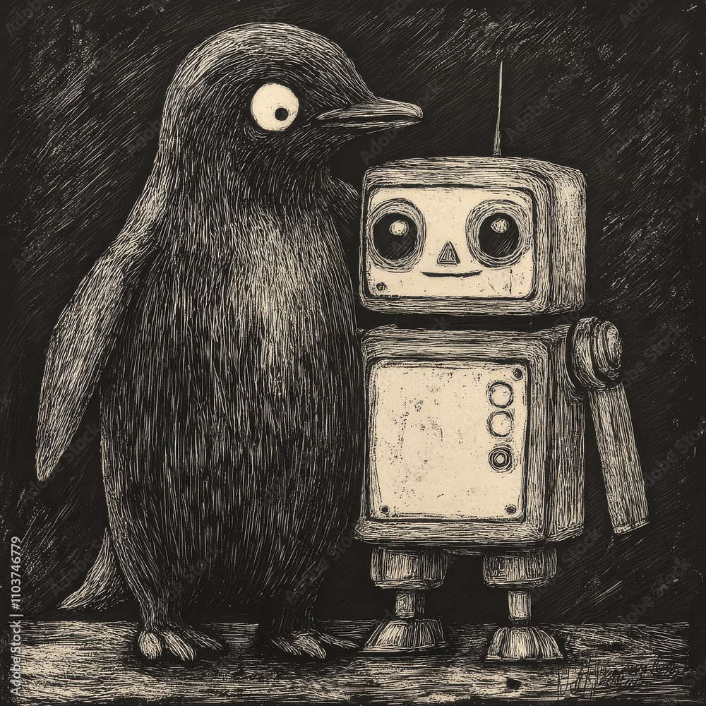A penguin hugging a vintage robot, an adorable and unlikely duo. The ...