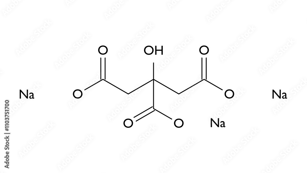 trisodium citrate molecule, structural chemical formula, ball-and-stick ...