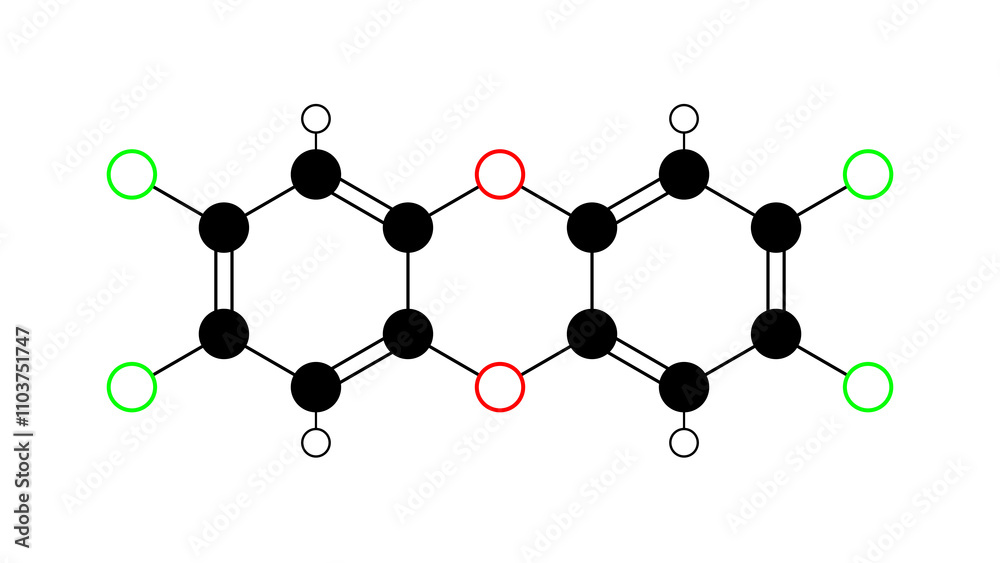 dioxin molecule, structural chemical formula, ball-and-stick model ...