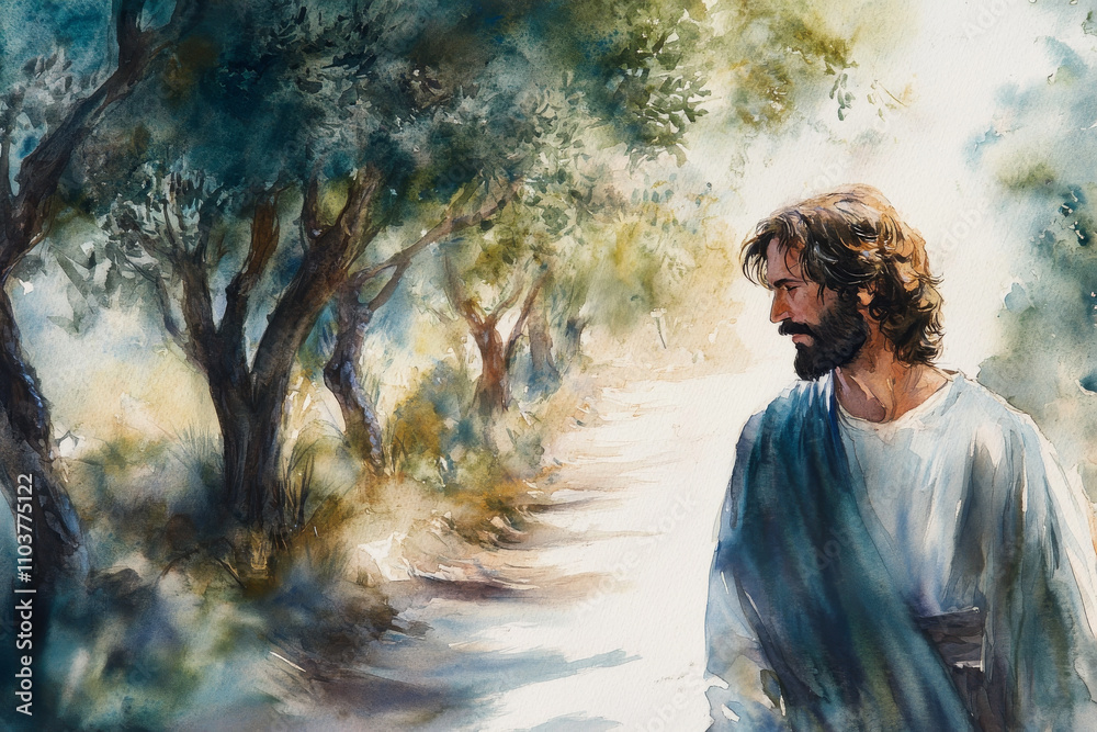 Jesus walking along a path lined with olive trees, his expression ...