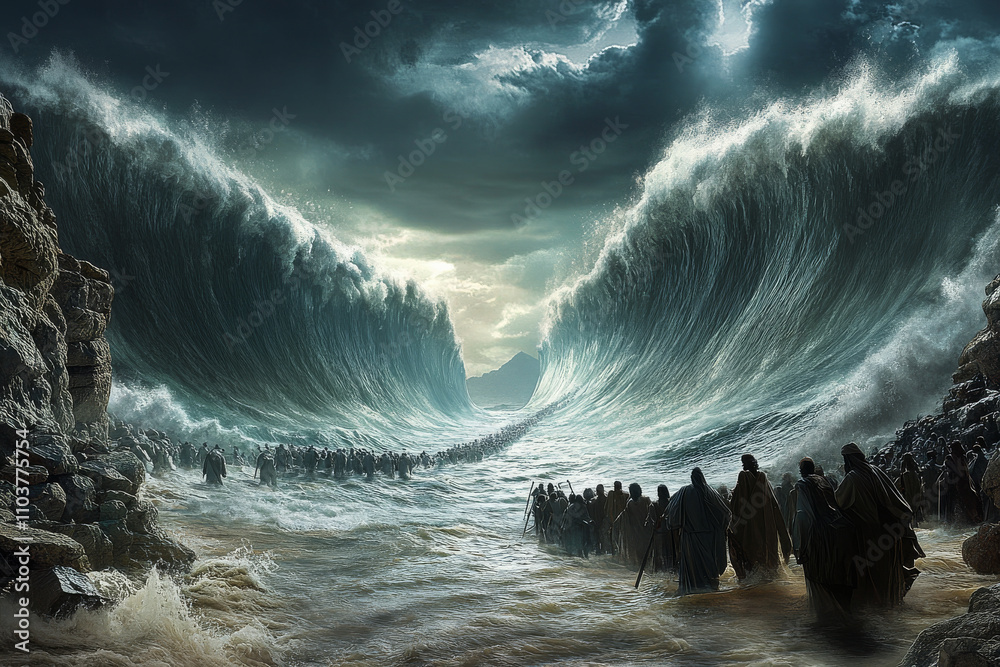 A dramatic digital painting of the Israelites, led by Moses, crossing ...