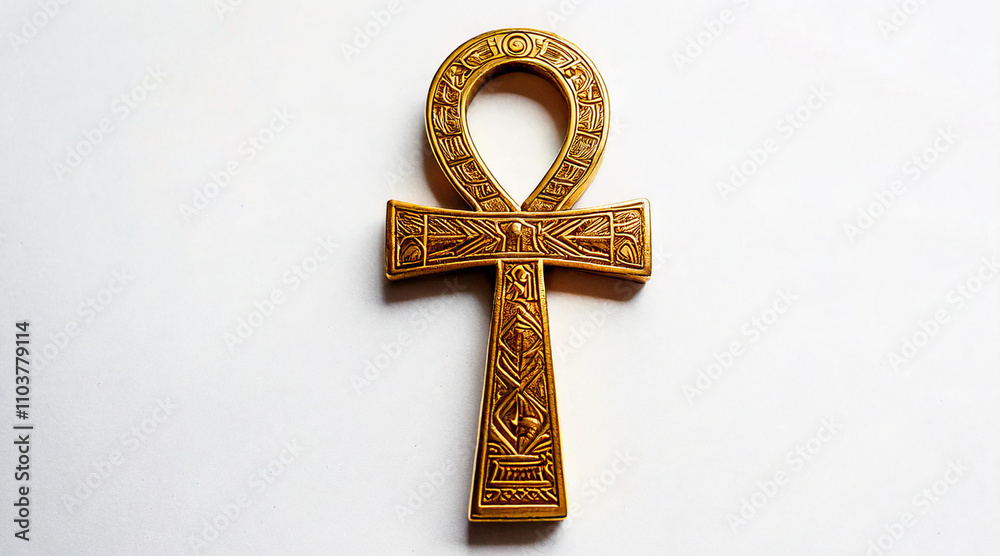 Golden ankh symbol with intricate engravings of ancient Egyptian motifs ...