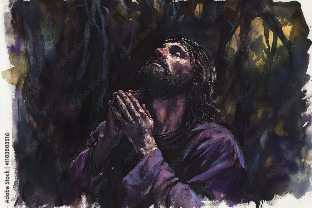 Poster Jesus in the Garden of Gethsemane, praying earnestly with sweat ...