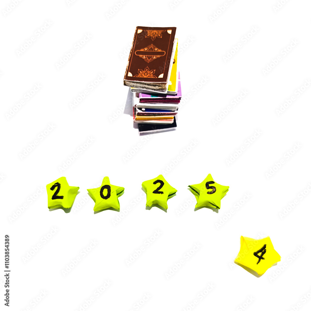 The image shows a stack of books and five star-shaped cutouts with ...