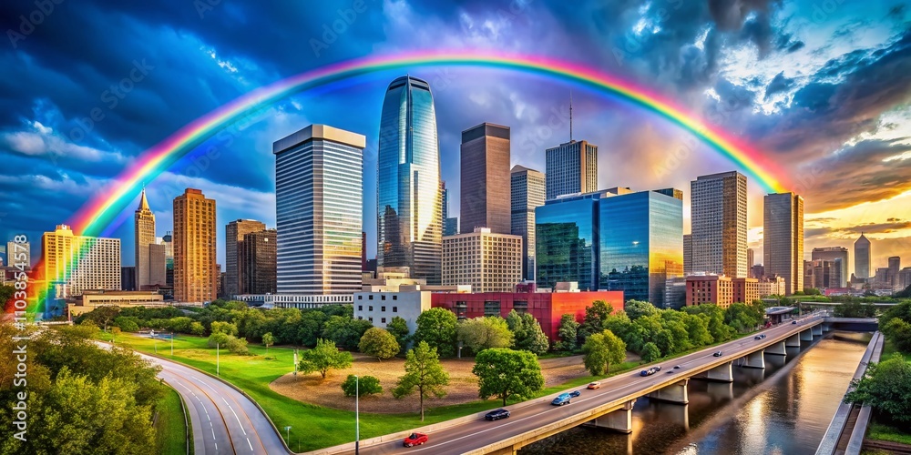 Stunning Rainbow Arching Over Downtown Houston High-Rise Buildings ...