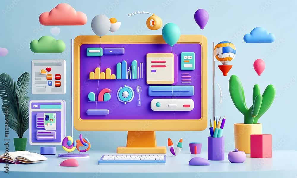 Playful 3D Render of a Computer Display with Colorful UI Elements and ...