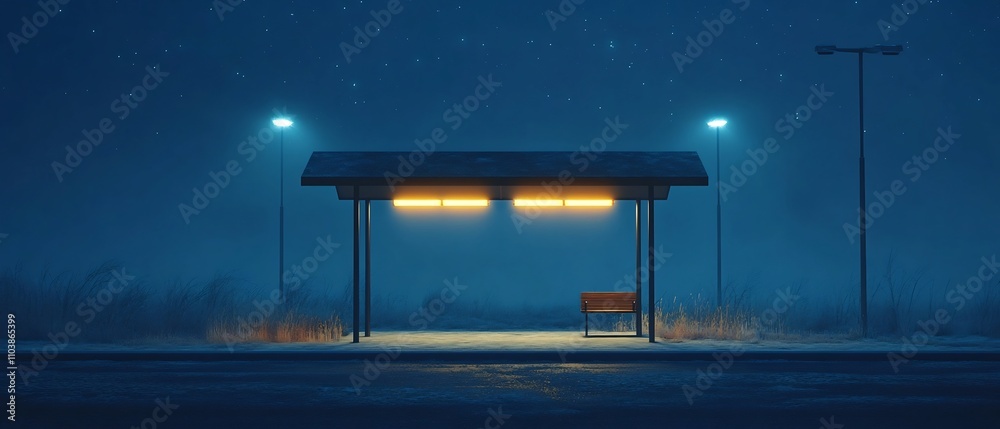 Solitary bus stop standing alone under a surreal starless night sky ...