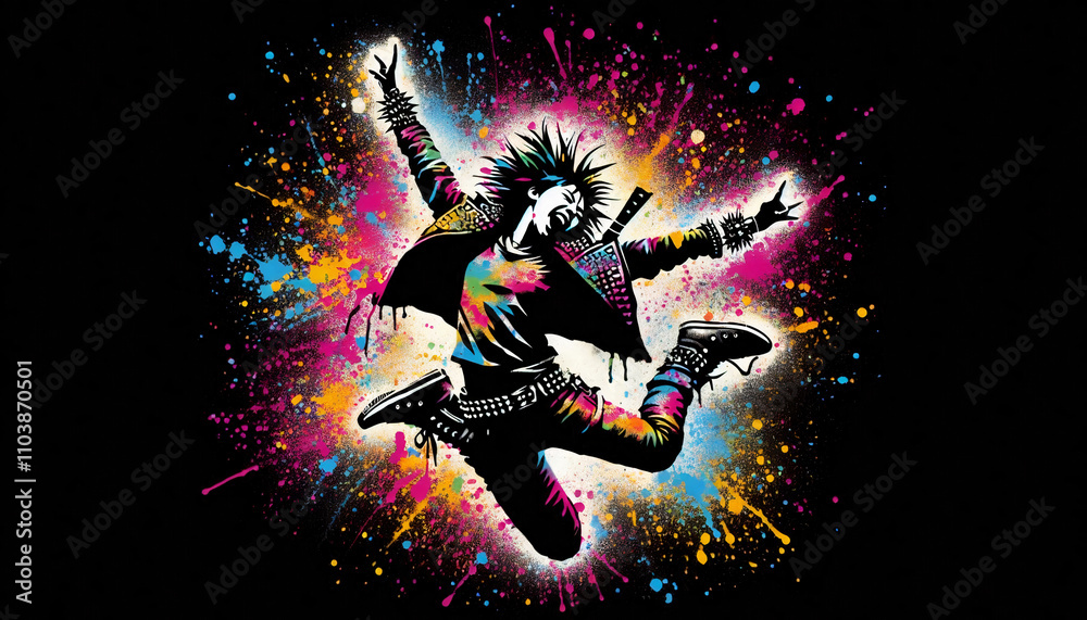Punk rocker in mid-air surrounded by vibrant paint splashes on a dark ...